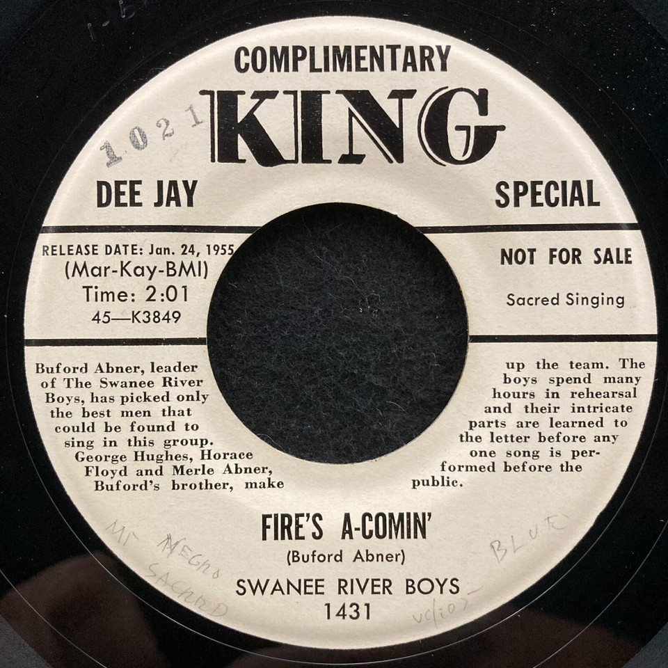 I Don't Worry/Fire's A-Comin' by Swanee River Boys (King 1431) 7" PROMO ...