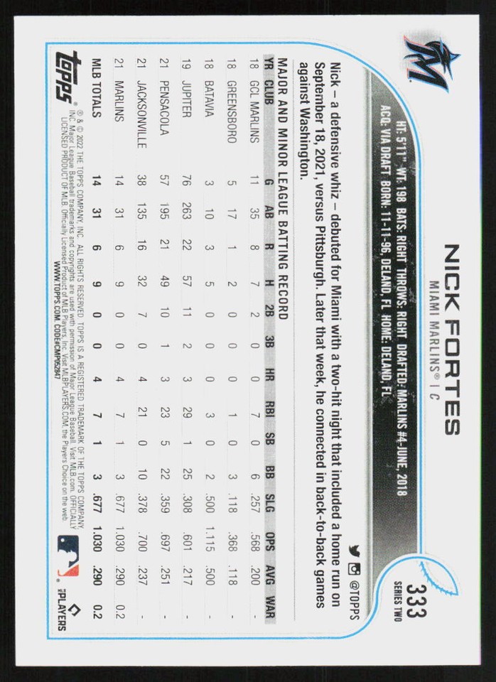 2022 Topps Nick Fortes #333 BASEBALL Rookie Miami Marlins RC | eBay