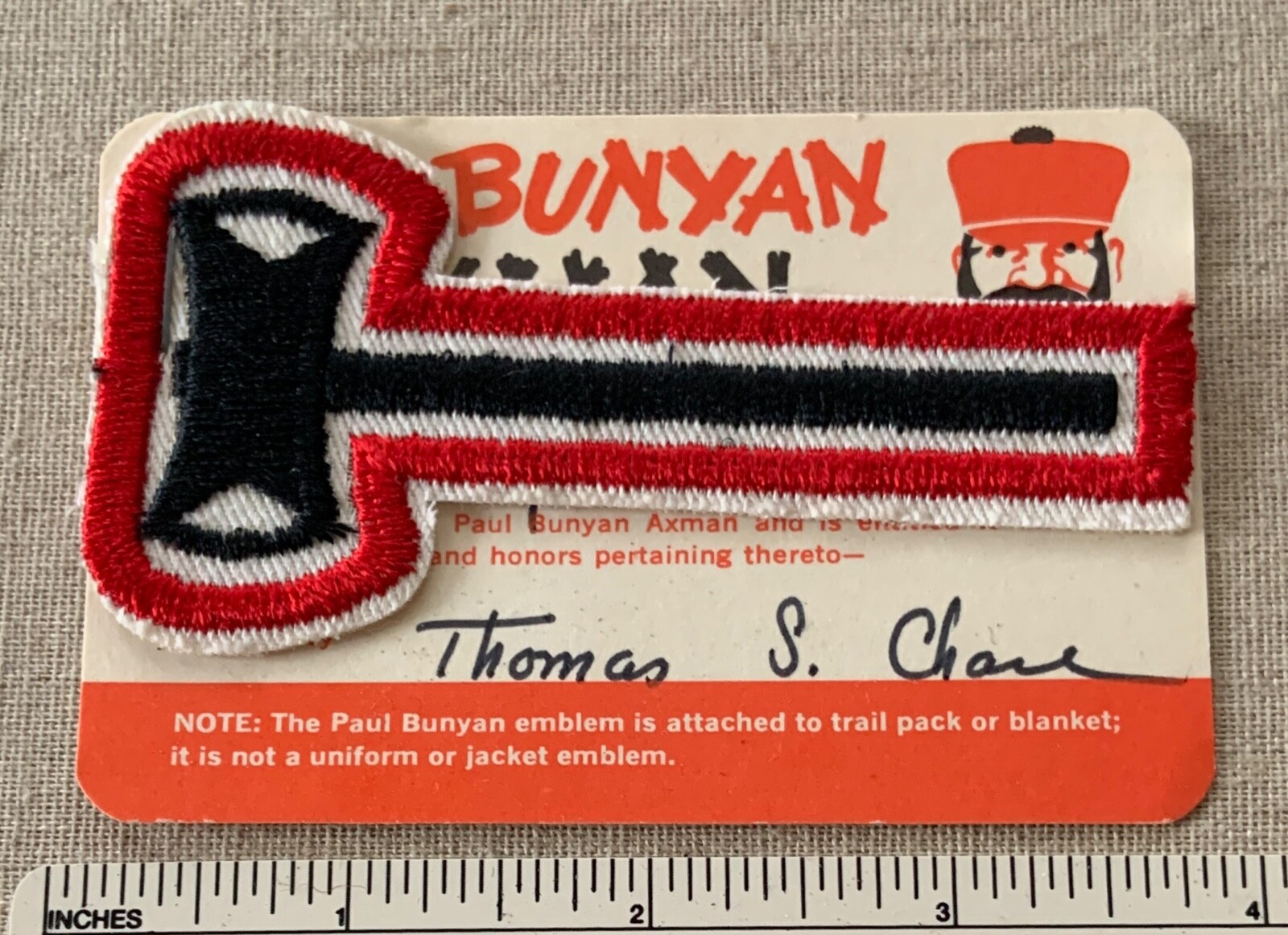 Vintage 1970s PAUL BUNYAN AXMAN Boy Scout Membership AWARD CARD & PATCH ...