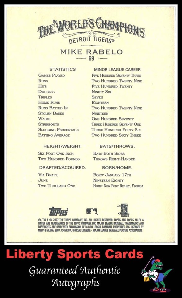 2007 Allen & Ginter Mike Rabelo #69 Authentic Autographed Card Detroit ...