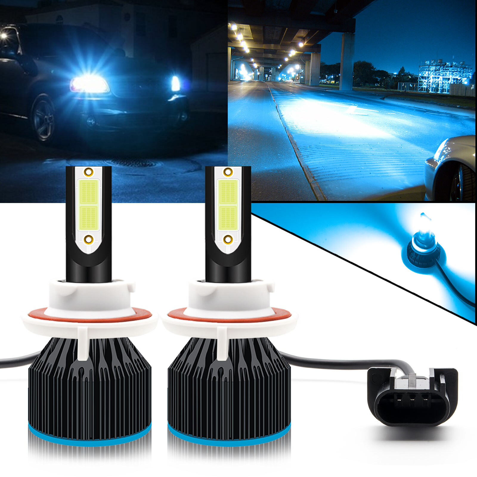 9008 H13 Blue COB LED Headlight Bulbs Conversion Kit Hi/Lo Beam w/ Fan ...