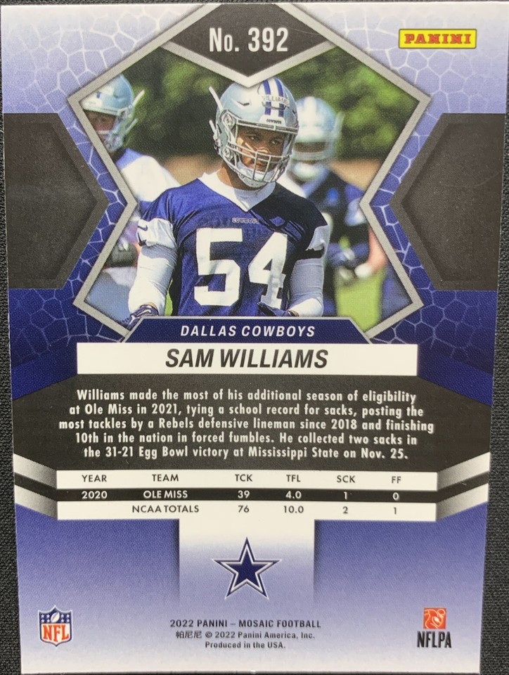 2022 Panini Mosaic Sam Williams Base Rookie RC #392 Dallas Cowboys | eBay