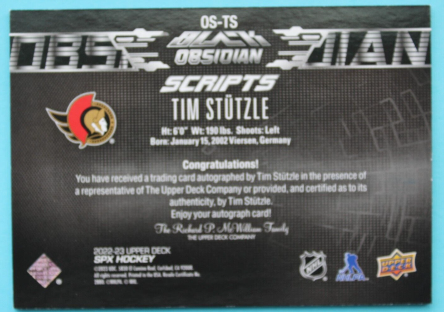 2022-23 Upper Deck SPX Black Obsidian Scripts Auto /49 Tim Stutzle OS ...