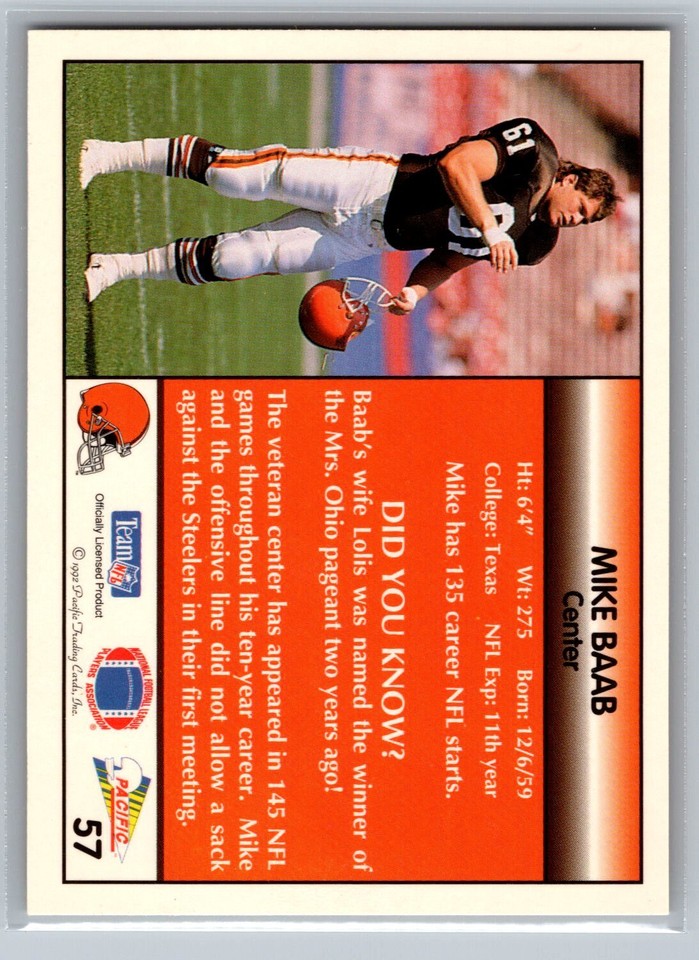 1992 Pacific Football #57 Mike Baab Cleveland Browns | eBay