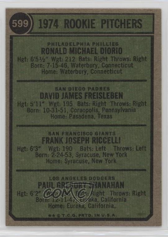 1974 Topps Pitchers Ron Diorio Dave Freisleben Frank Riccelli #599 ...
