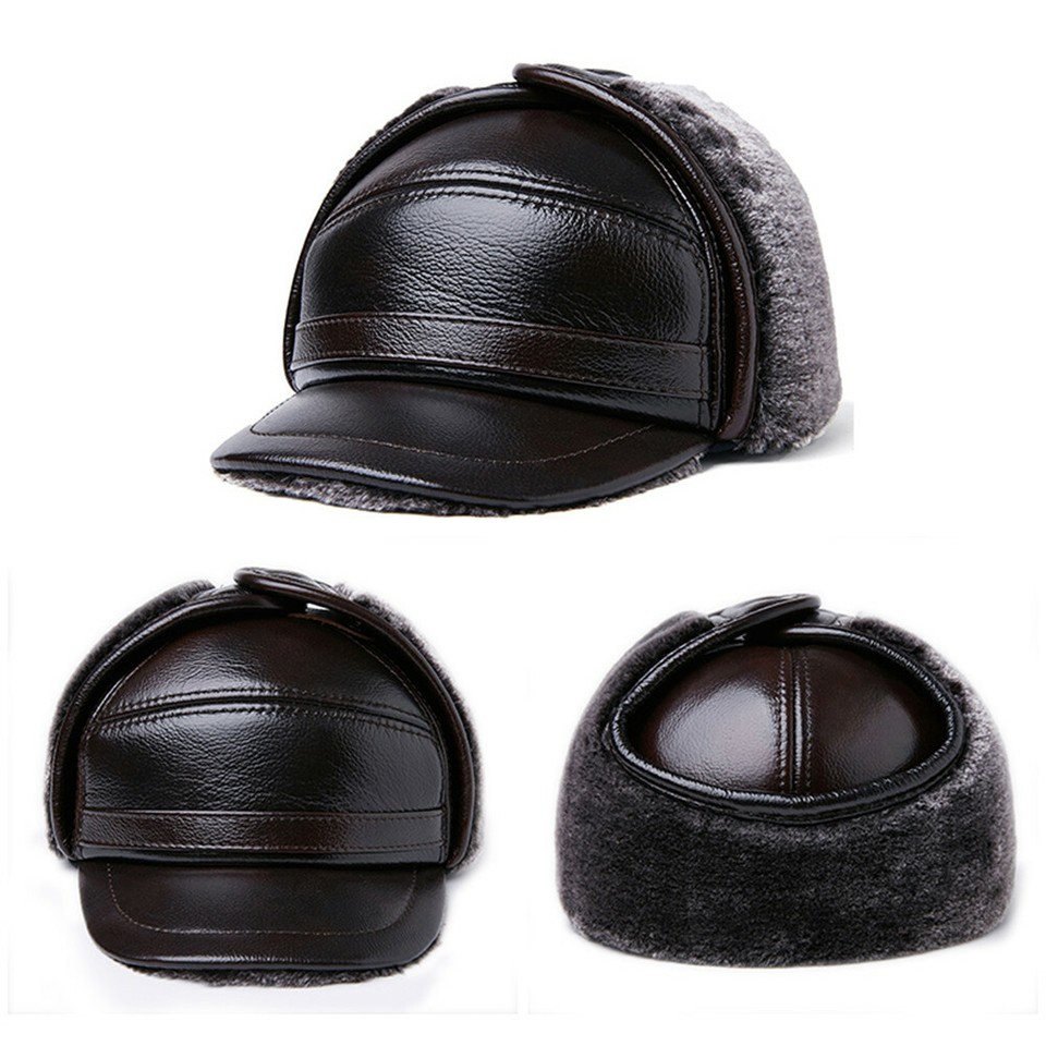 Men's Genuine Leather Winter Warm Trapper Warm Hat Baseball Cap Outdoor ...