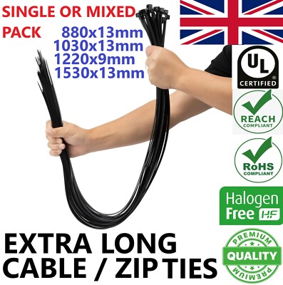 EXTRA LONG CABLE TIES 13mm THICK BLACK 880mm-1530mm SINGLE OR MIXED ...