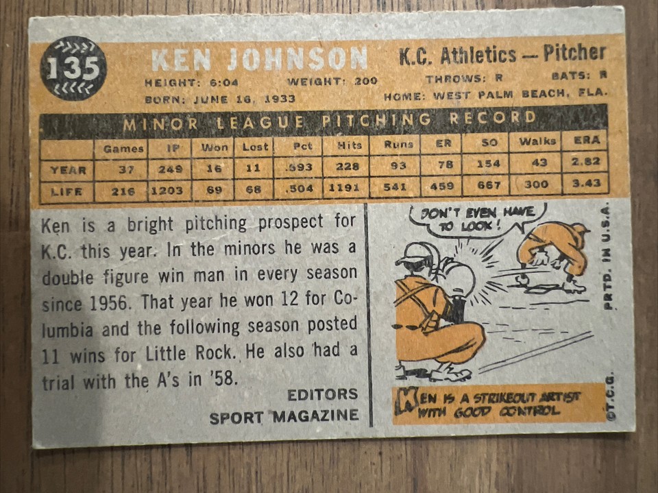 1960 Ken Johnson Topps #135 Kansas City A’s Vintage Baseball Card B137 ...