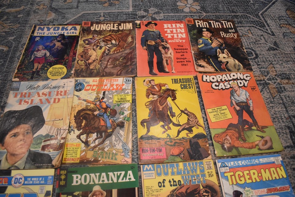 Lot of 12 Vintage Comics Bonanza/Hopalong Cassidy/Rin Tin Tin/Treasure ...