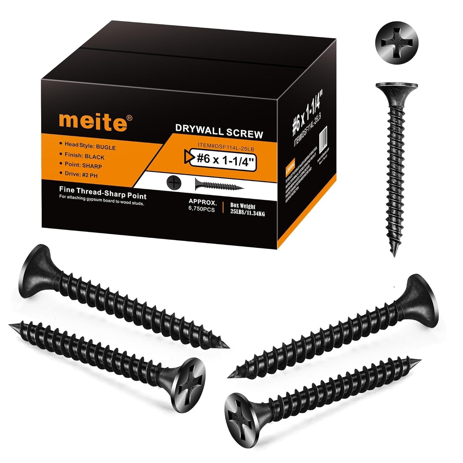 meite Drywall Screws, #6 x 1-1/4" Fine Thread Wood Screws Phosphate ...