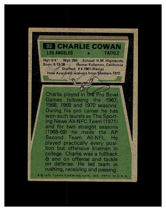 1975 TOPPS FOOTBALL CARD LOS ANGELES RAMS #92 CHARLIE COWAN PEN MARK ON ...