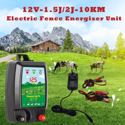 10km Electric Fence Energiser LCD 12V Battery Powered 1.5J-2J Horse ...