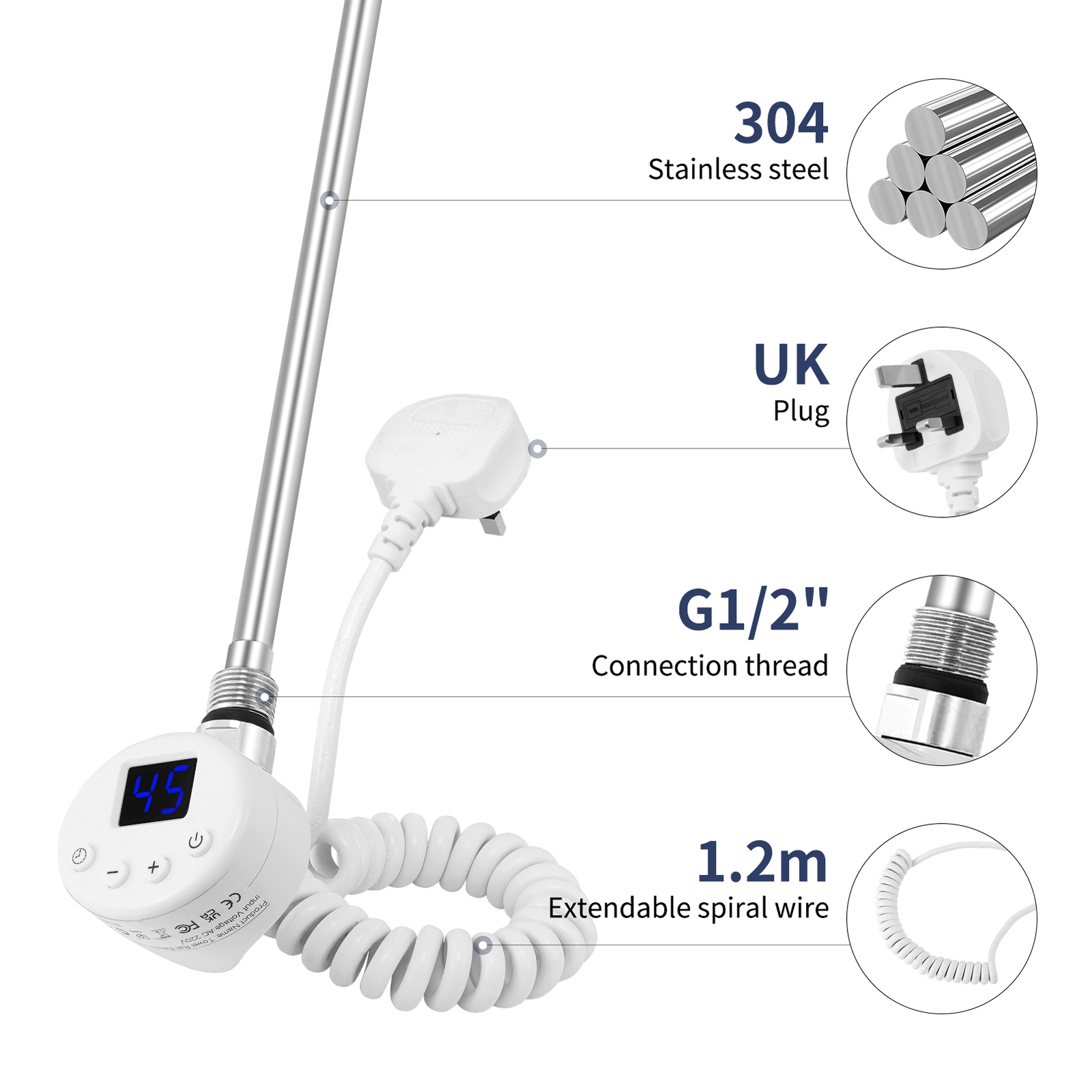 Thermostatic Smart Dual Fuel Towel Rail Radiator Heating Element LCD ...