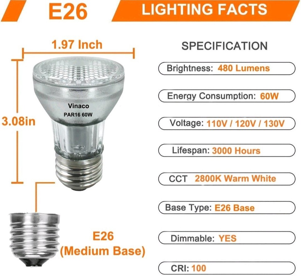 Vinaco PAR16 Bulb 120V, 6 Pack Long Lasting PAR16 Halogen Bulb 60 Watt ...