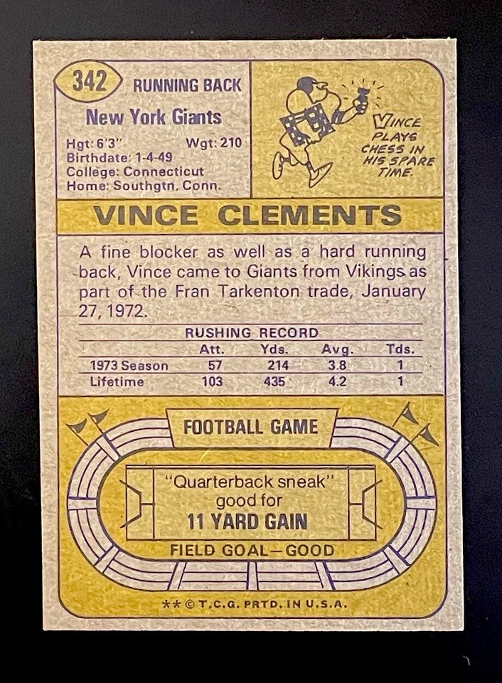 Vince Clements (RC) 1974 Topps, Rookie Football Card #342 New York ...