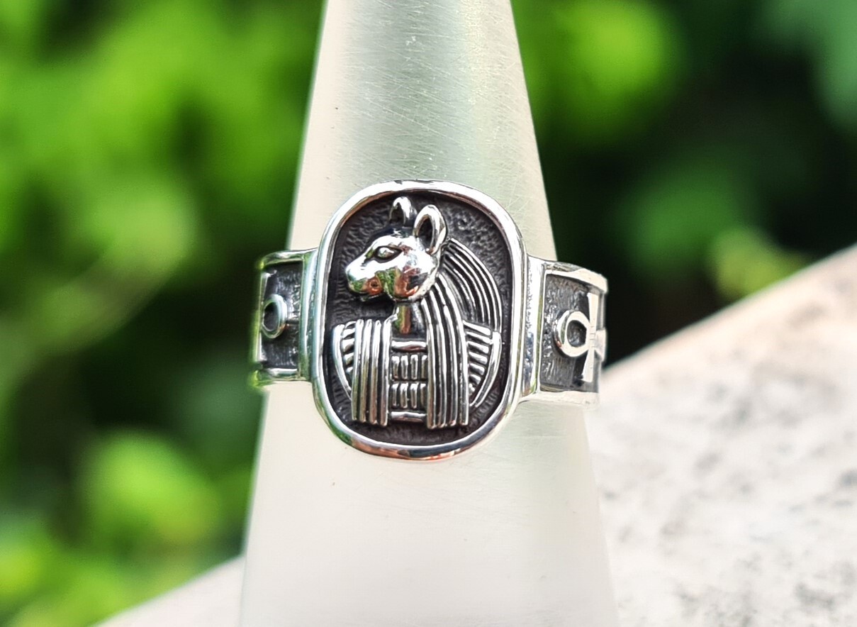 Bastet Goddess Ring 925 Sterling Silver God of Egypt Cat Egyptian Ankh ...