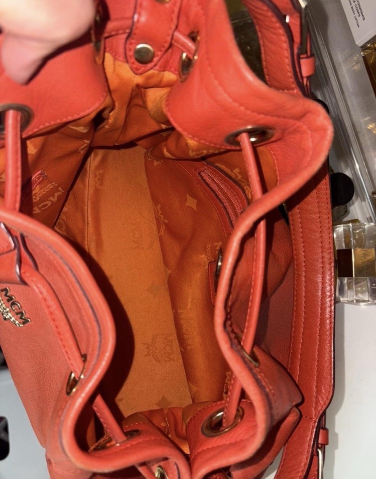 MCM Orange Bucket Drawstring Shoulder Bag Gold Hardware Logo Accent | eBay