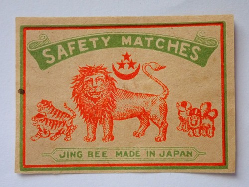 LION & TIGERS MATCHES MATCH BOX LABEL c1900s MADE in JAPAN by JING BEE ...