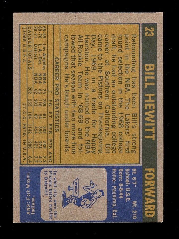 1971-72 TOPPS #23 BILL HEWITT PISTONS EX | eBay