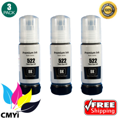 3PK Black 522 Ink Bottle Compatible for Epson T522 Fits EcoTank ET2720 ...