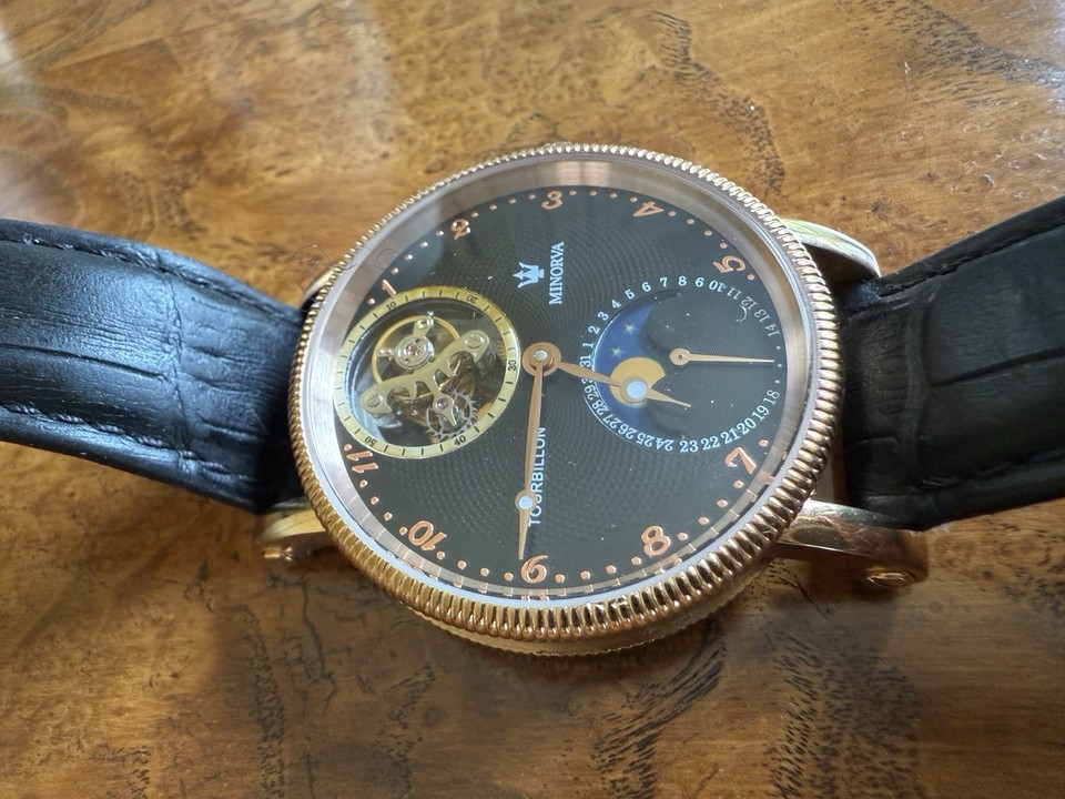 Minorva Tourbillon Moonphase Mens Watch Black Dial Manual Wind | eBay
