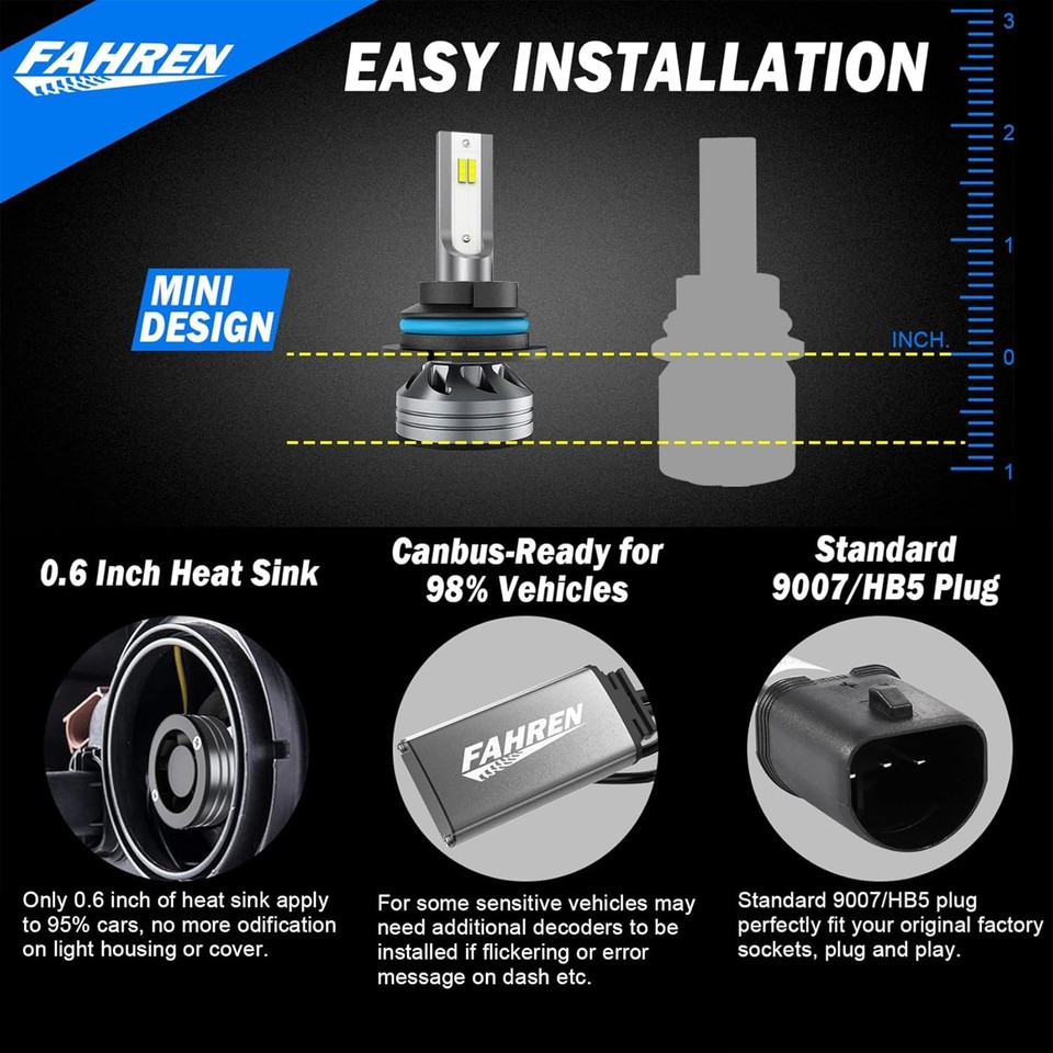 FAHREN 9007 HB5 LED Headlight Bulb 36000LM Hig/Low Beam 6500K Super ...