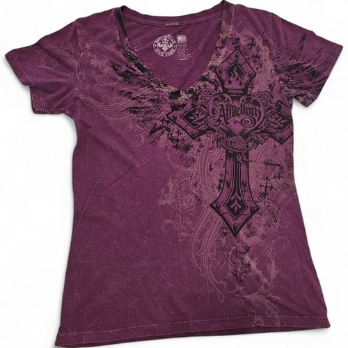 Women's Affliction Purple V-Neck Angel Cross T-Shirt Top Tee Sinful ...