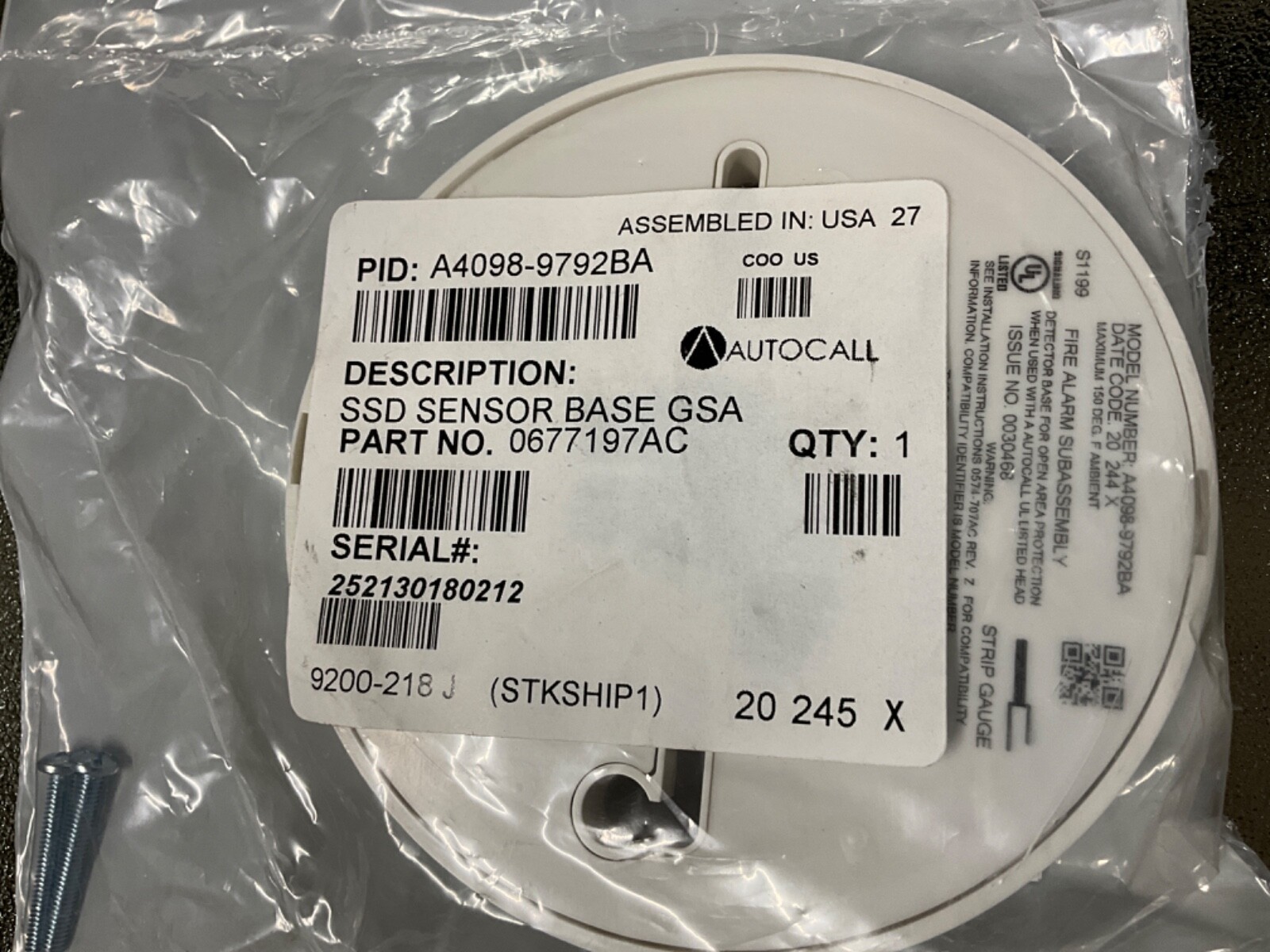 AUTOCALL A4098-9792BA SSD SENSOR BASE GSA | eBay