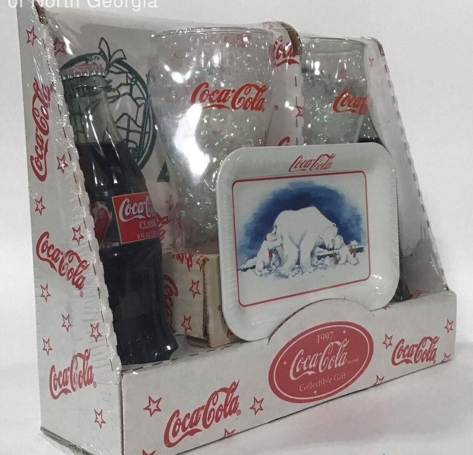 Vintage Coca Cola Gift Set 2 Glasses & 2 Coke Bottles w Metal Tray 1997 ...