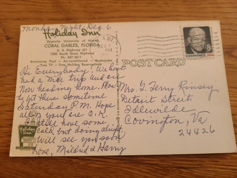 Holiday Inn Coral Gables Florida 1970's Postcard Eisenhower 8 cent ...