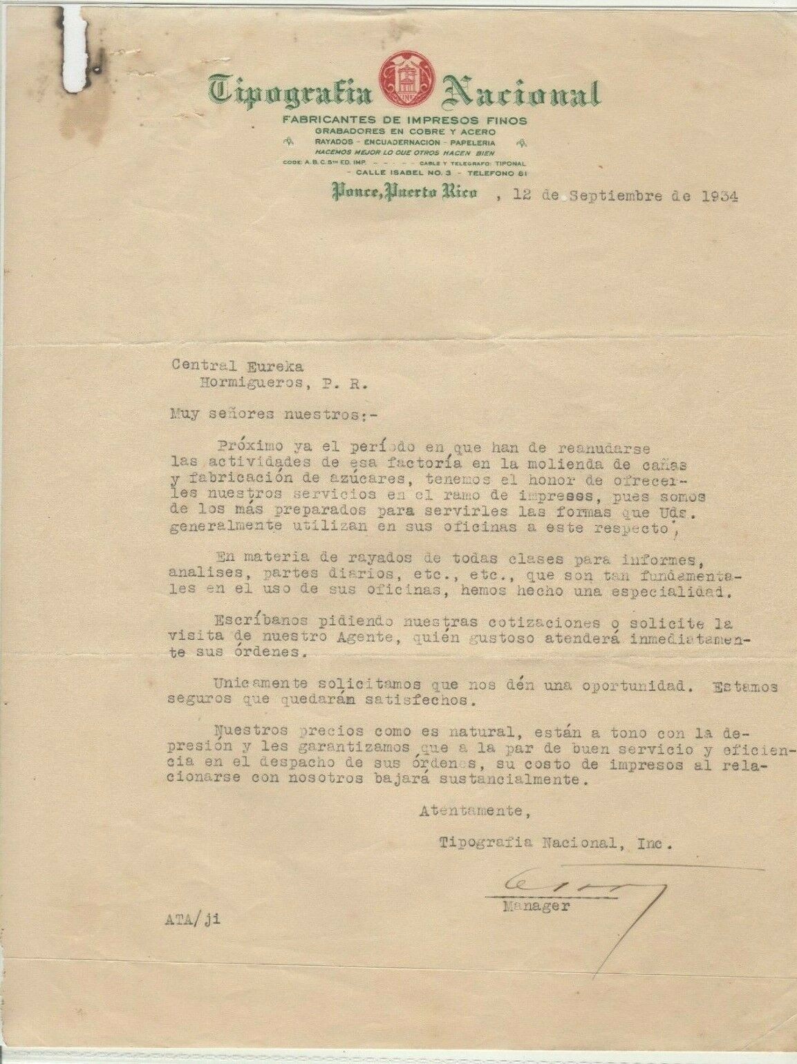 VTG COMMERCIAL LETTER / TIPOGRAFIA NACIONAL / PONCE PUERTO RICO 1934 | eBay