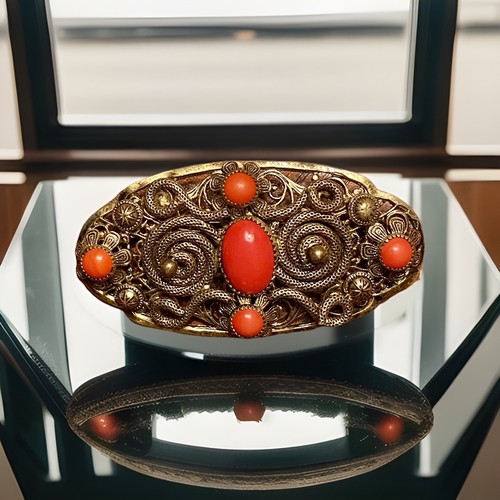 Czech Brooch Rare Coral Glass Brass 20s-30s Neiger Bros Antique Art ...