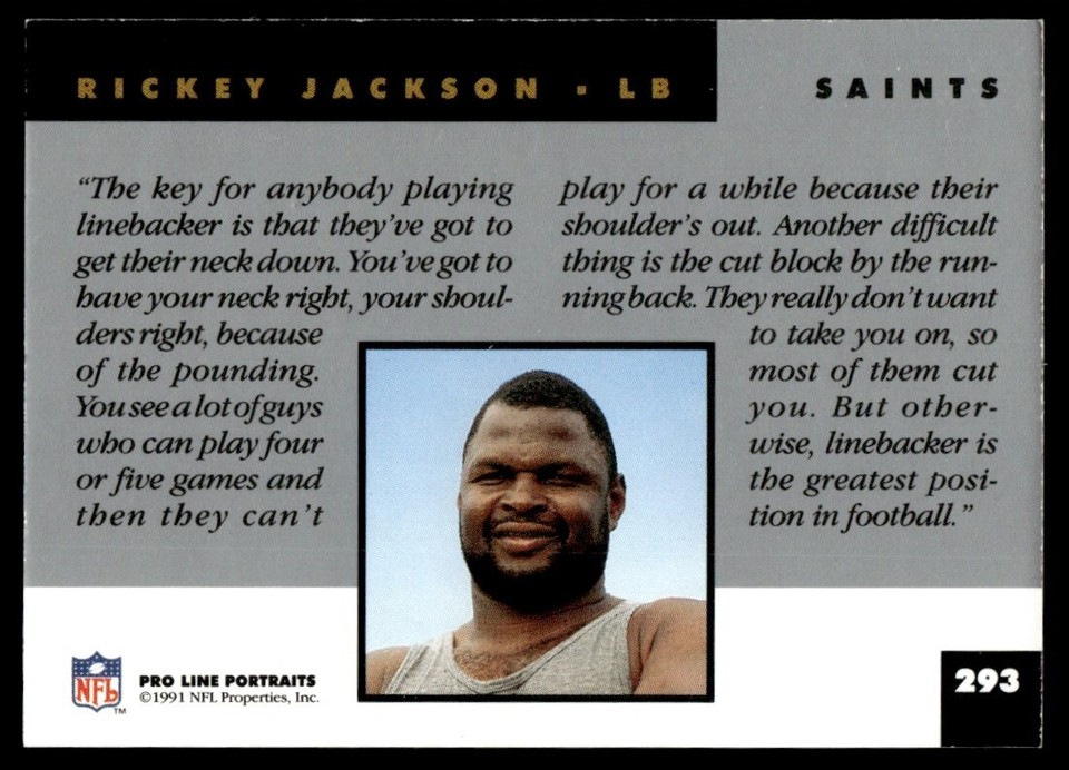 1991 PRO LINE PORTRAITS FOOTBALL CARD RICKEY JACKSON #293 NEW ORLEANS ...