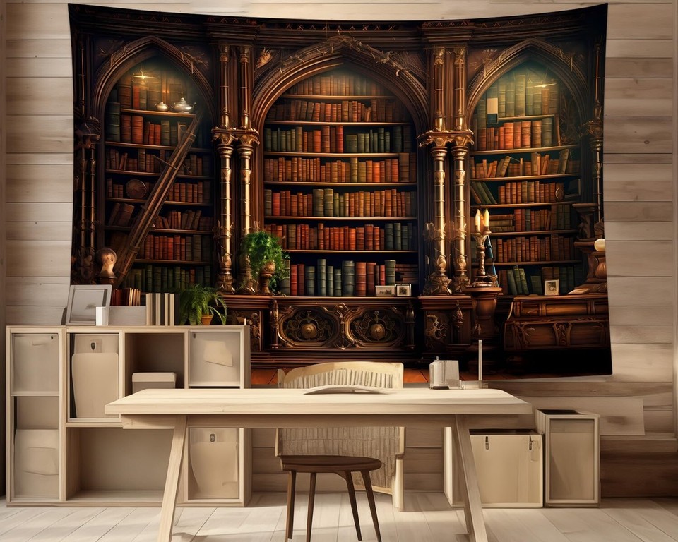 Large Medieval Bookcase Tapestry Vintage Gothic Bookshelf Library Wall ...