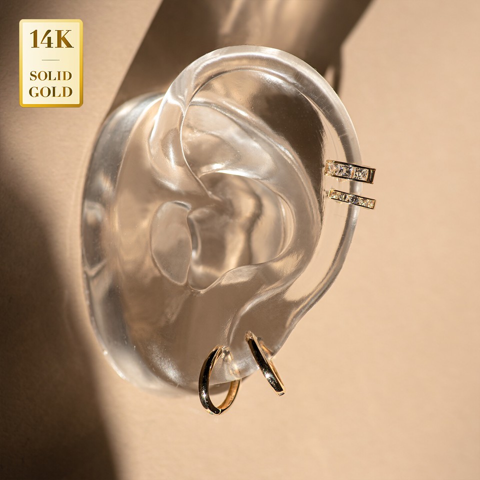 14K REAL Solid Gold Baby Tiny Mini Hoop Earrings Huggie Hinge Hoop ...