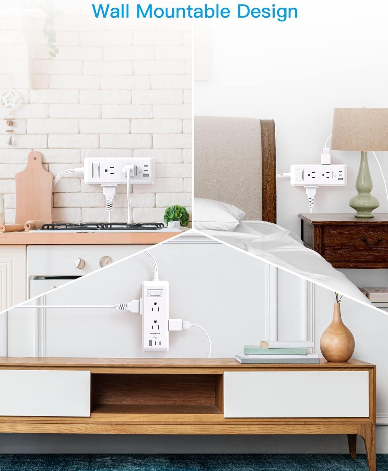 Flat Plug Power Strip, Ultra Thin Extension Cord, 6 Outlets 3 USB Ports ...