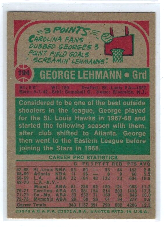 1973-74 Topps Basketball #194 - GEORGE LEHMANN - Memphis Tams | eBay