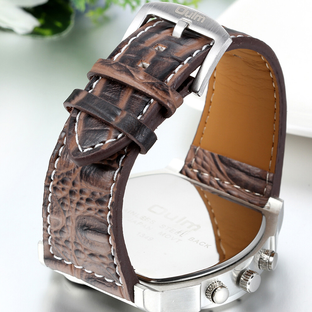 Men Army Sports Fashion Two Time Zones Big Dial Leather Strap Quartz ...