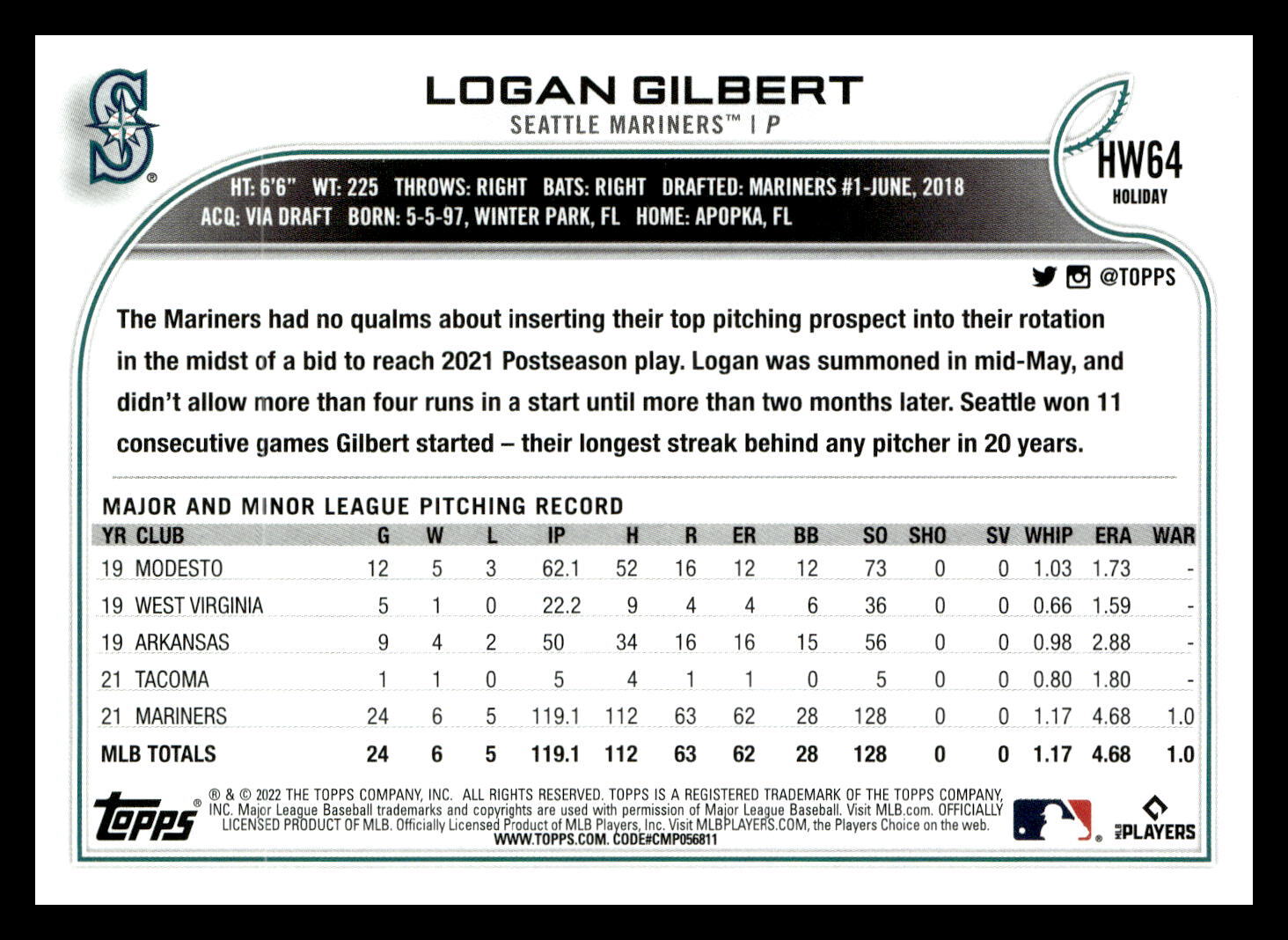 2022 Topps Holiday #HW64 Logan Gilbert Seattle Mariners Baseball Card ...