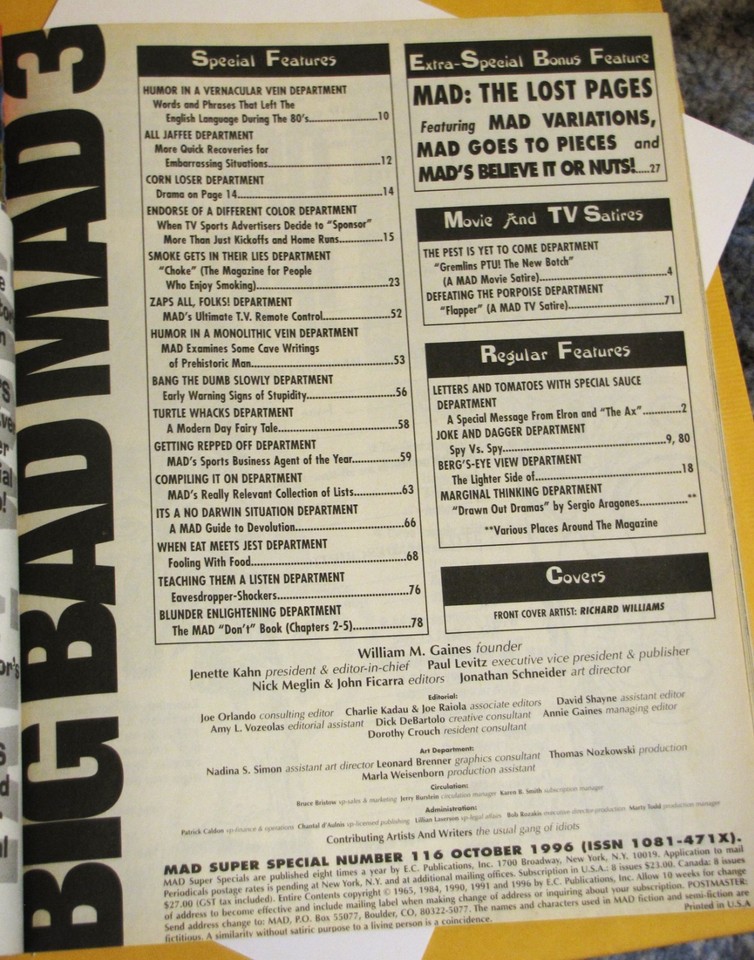 1996 Mad Magazine "BIG BAD MAD" October Super Special # 116 Issue | eBay