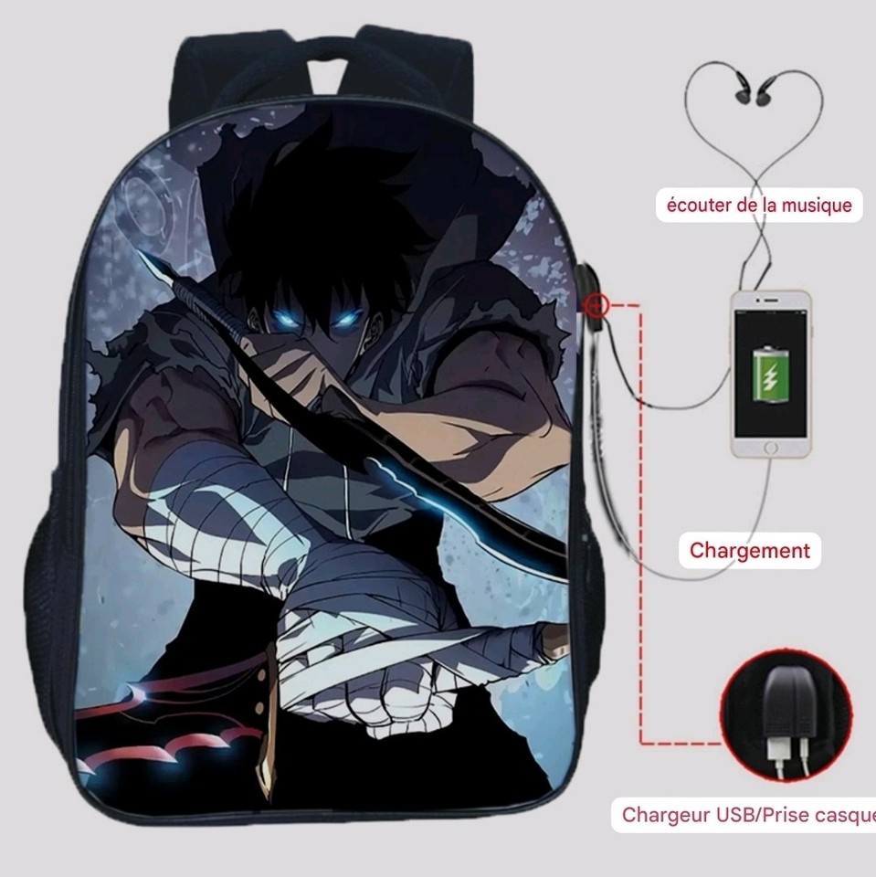 Sung Jin Woo Backpack School Supplies Solo Leveling USB Phone ...