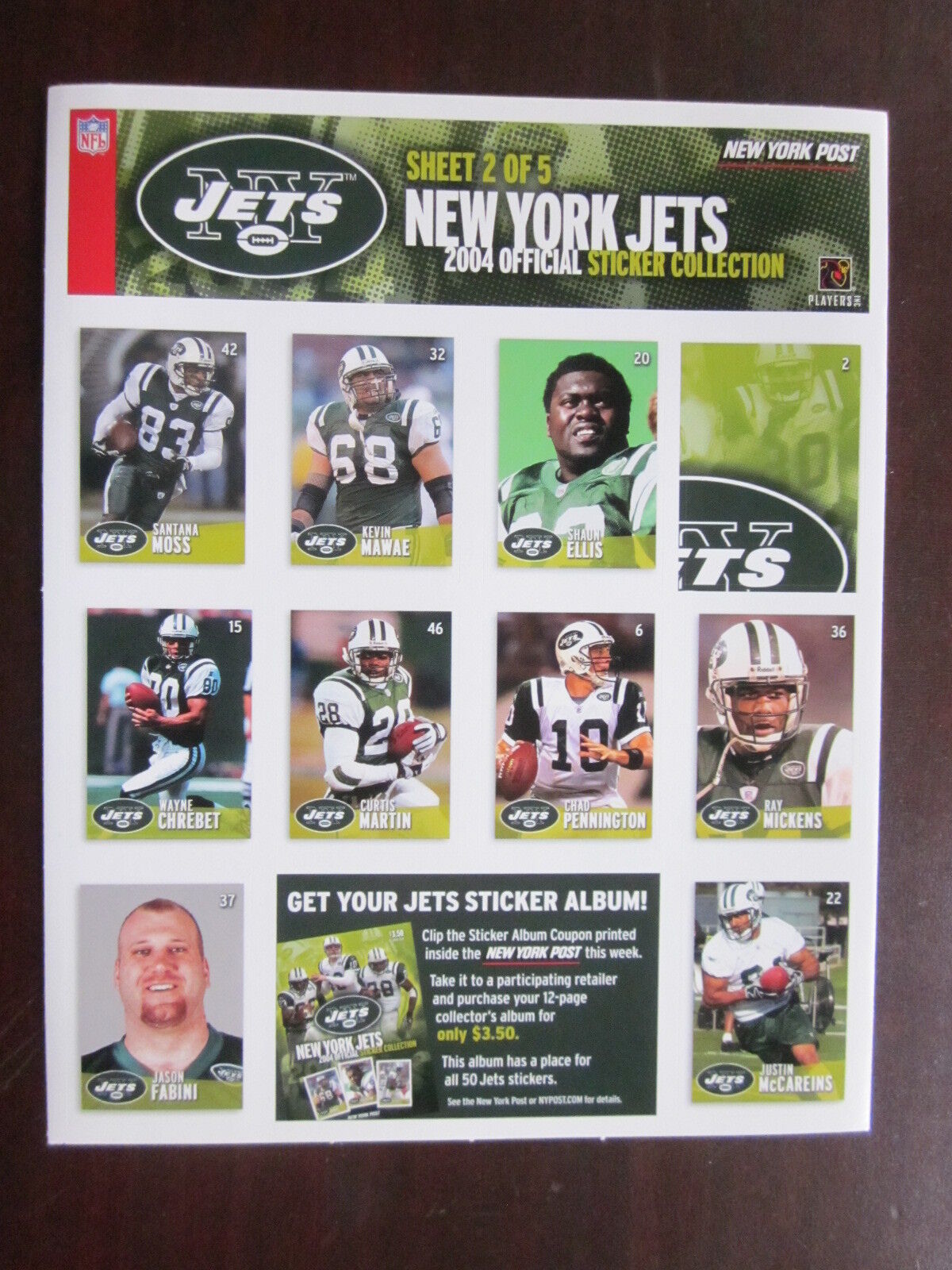 NY Jets 2004 Offical Sticker Collection NY Post 5 Sheets 50 Stickers ...