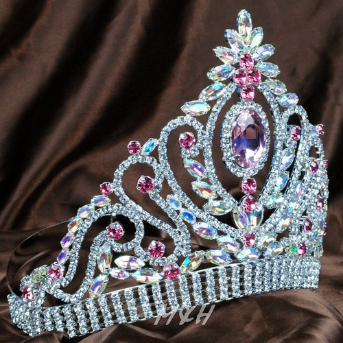 Beauty Contest Tiara Pink Crown AB Crystal Bridal Pageant Diamante ...