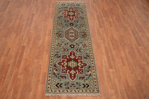 Light Green Traditional Wool Carpet Geometric Kazak Indian Runner Rug ...