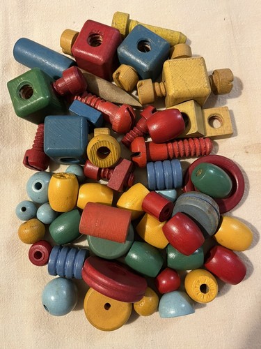 Vtg Lot Wood Multi-Color Toy Beads Blocks w/ Holes to String Play ...