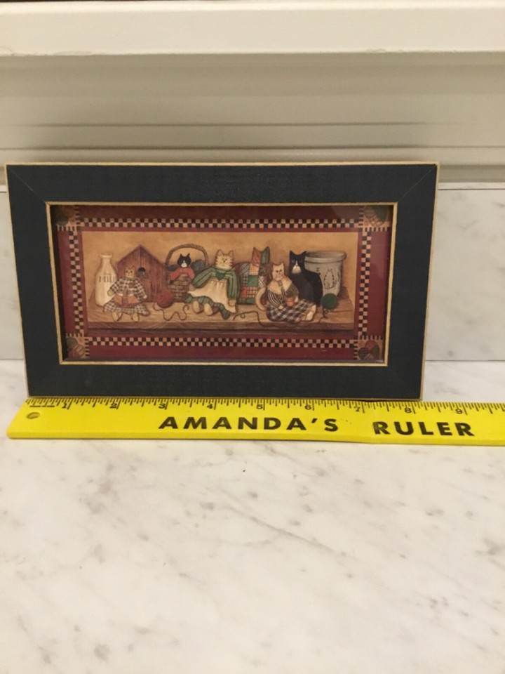 ~Linda Spivey SMALL COUNTRY CATS FRAMED ART PRINT 8.25”x4.75” PATCHWORK ...