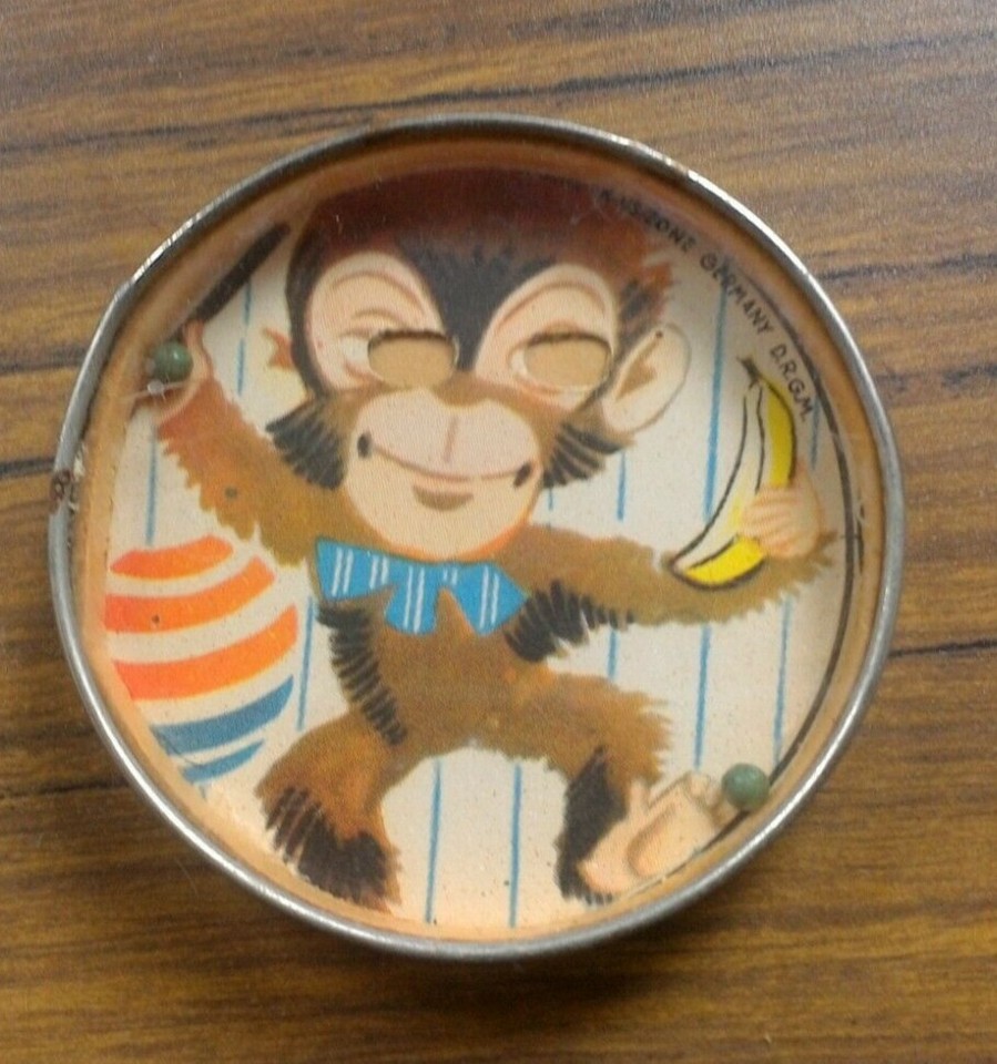 Antique German toy pocket monkey ball game Google Eyes 1940's mirror | eBay