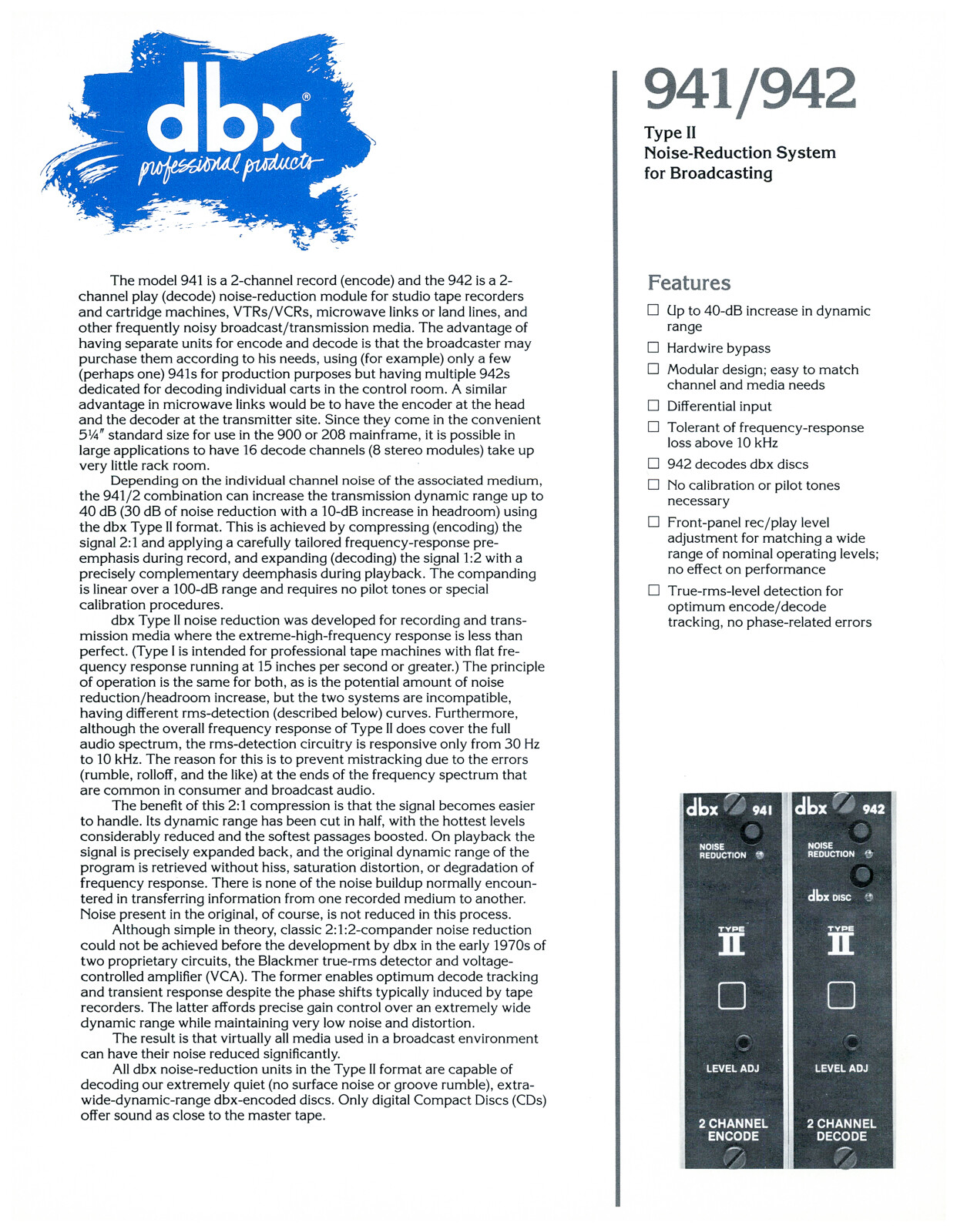 DBX 941 942 Noise Reduction Dealer Data / Spec Sheet Brochure *Original ...