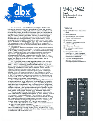 DBX 941 942 Noise Reduction Dealer Data / Spec Sheet Brochure *Original ...