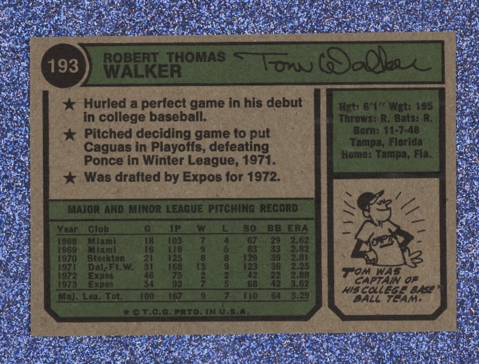 1974 Topps Baseball # 193 Tom Walker - Montreal Expos - Free Shipping ...